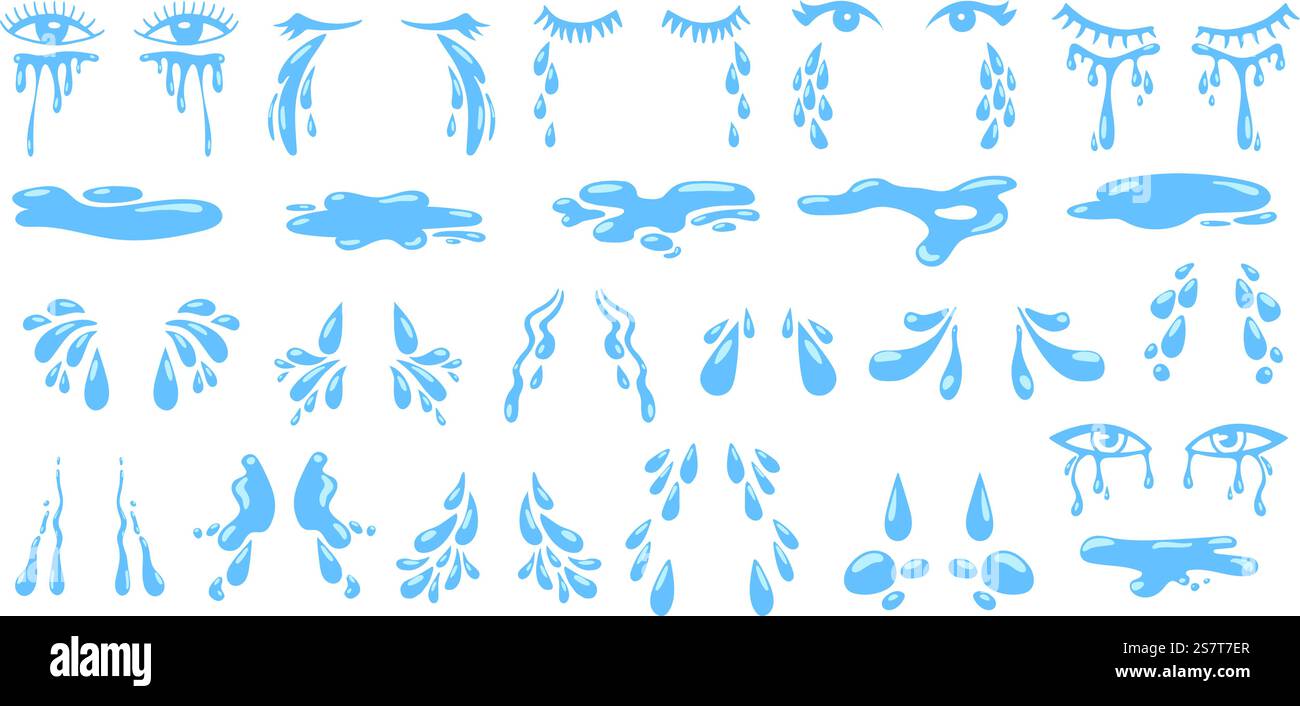 Cartoon falling isolated tears, raindrops dripping. Teardrop from eye ...