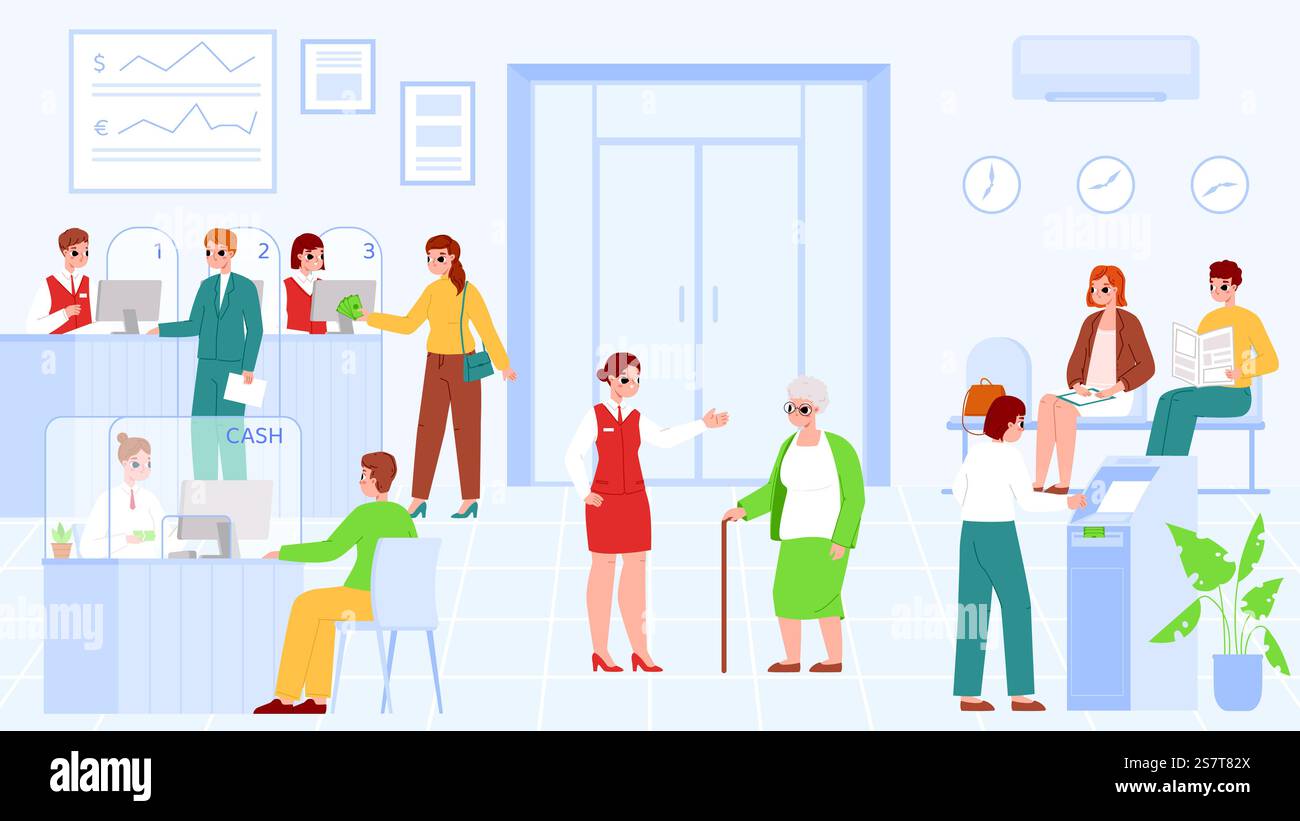 Bank office, finance service customers. Cashier, consultant and clients ...