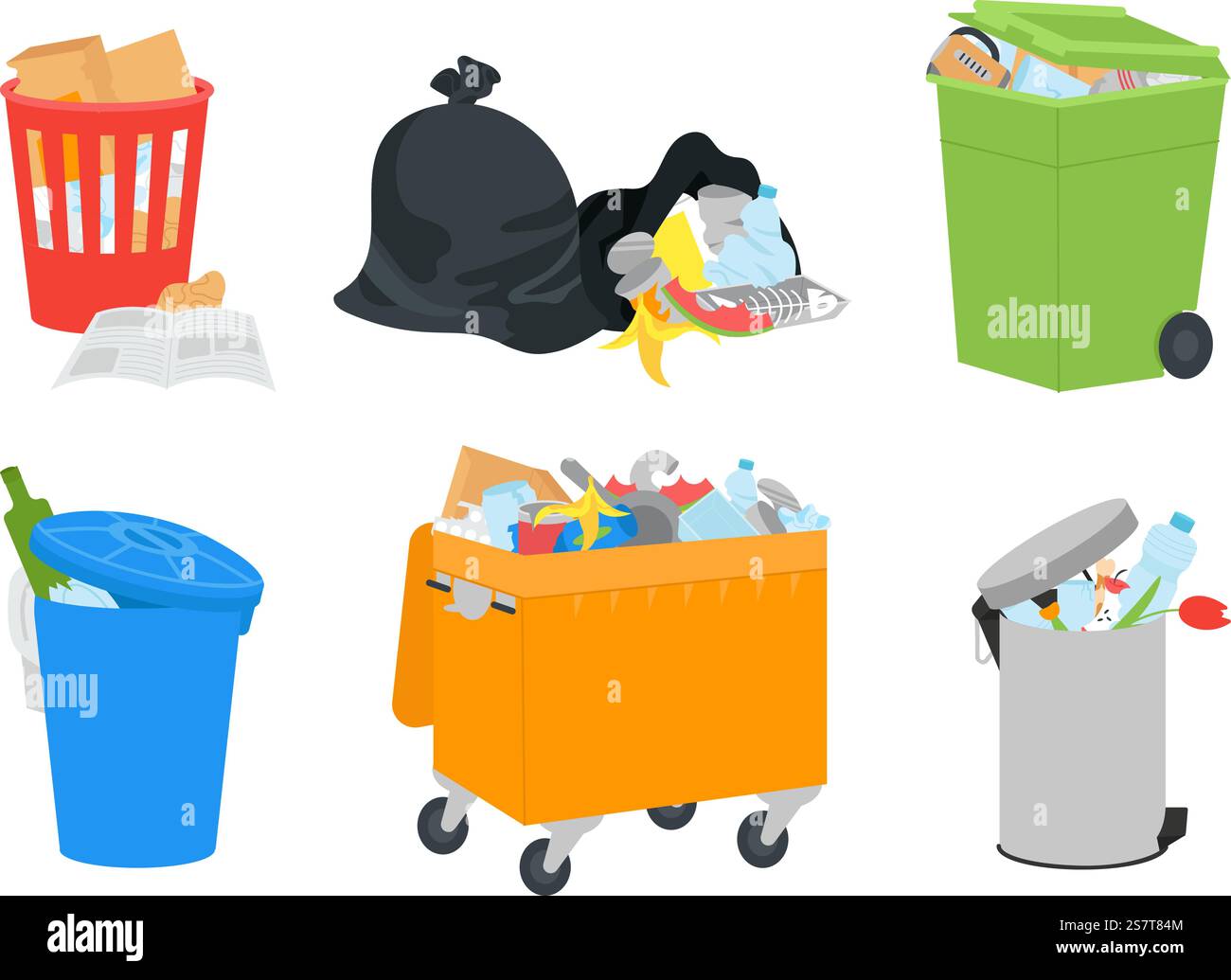 Trash bins with garbage, open dump and waste bags. Plastic bin, recycle ...