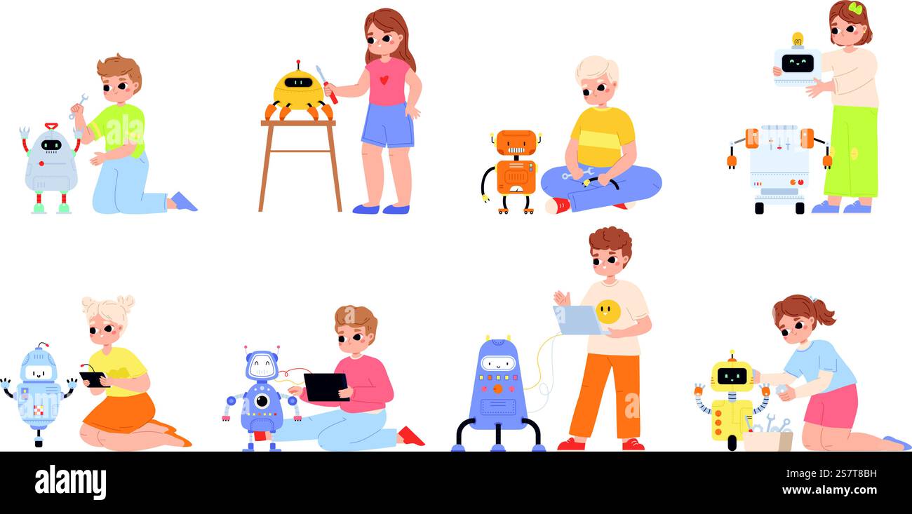 Children and robots, happy kids modeling robot and projecting ...