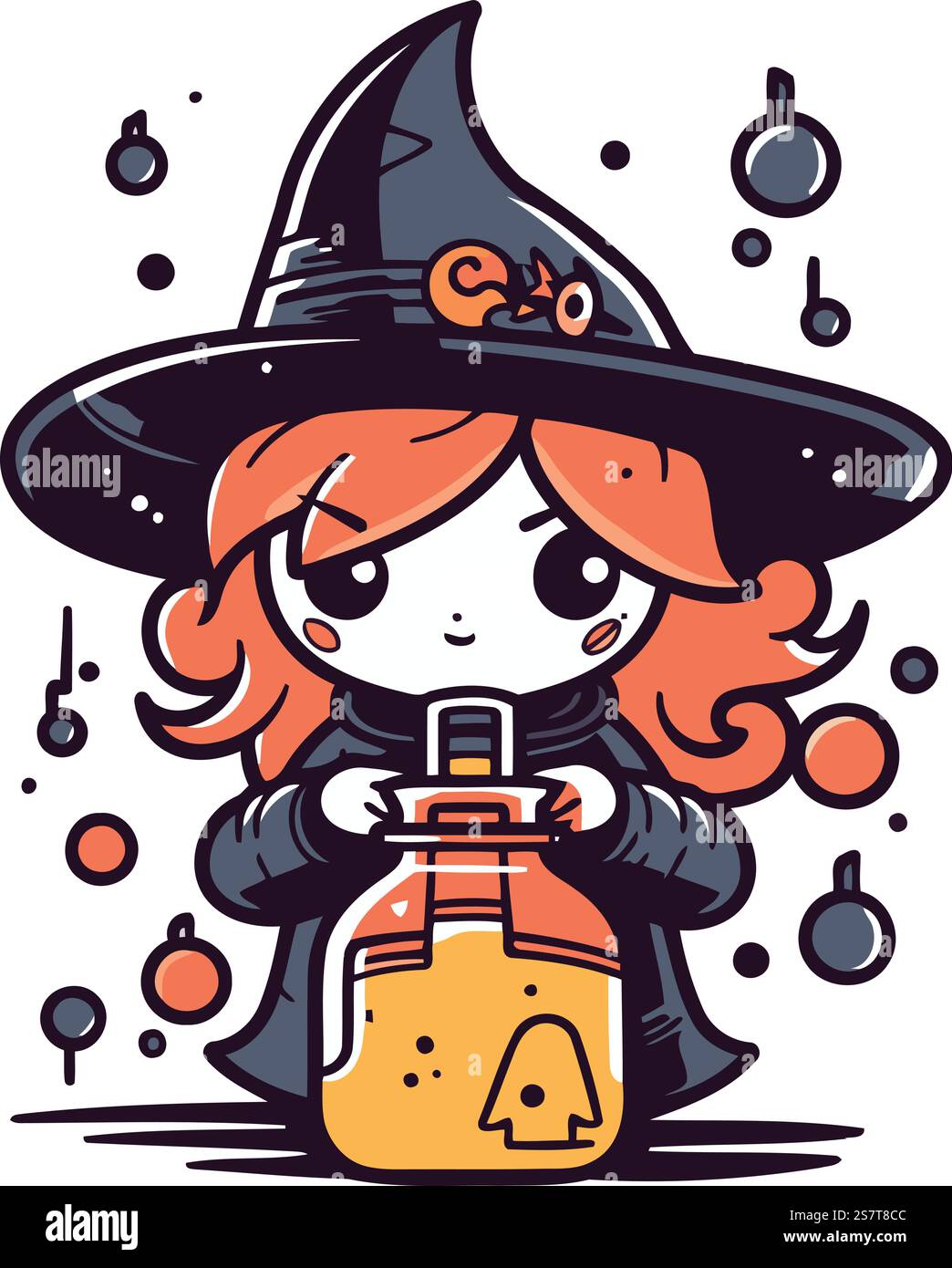 Cute little witch with a bottle of potion. Vector illustration Stock ...