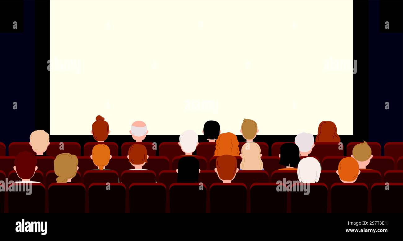 Movie theater interior, cinema empty screen and audience. People watch ...