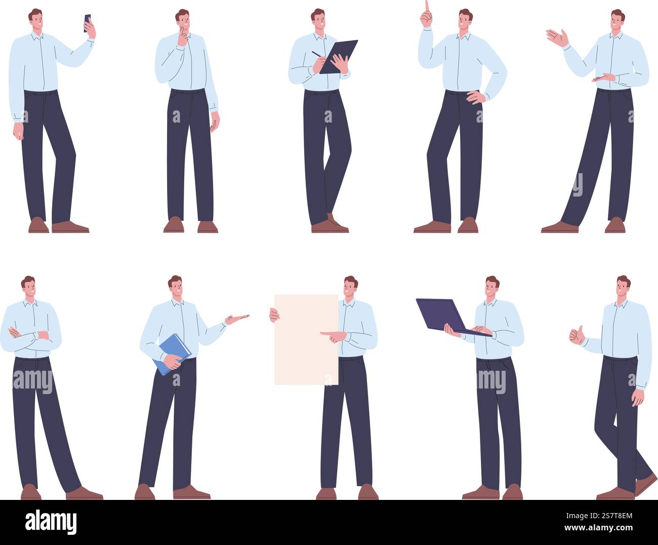 Different poses man character. Young businessman posing, using laptop ...