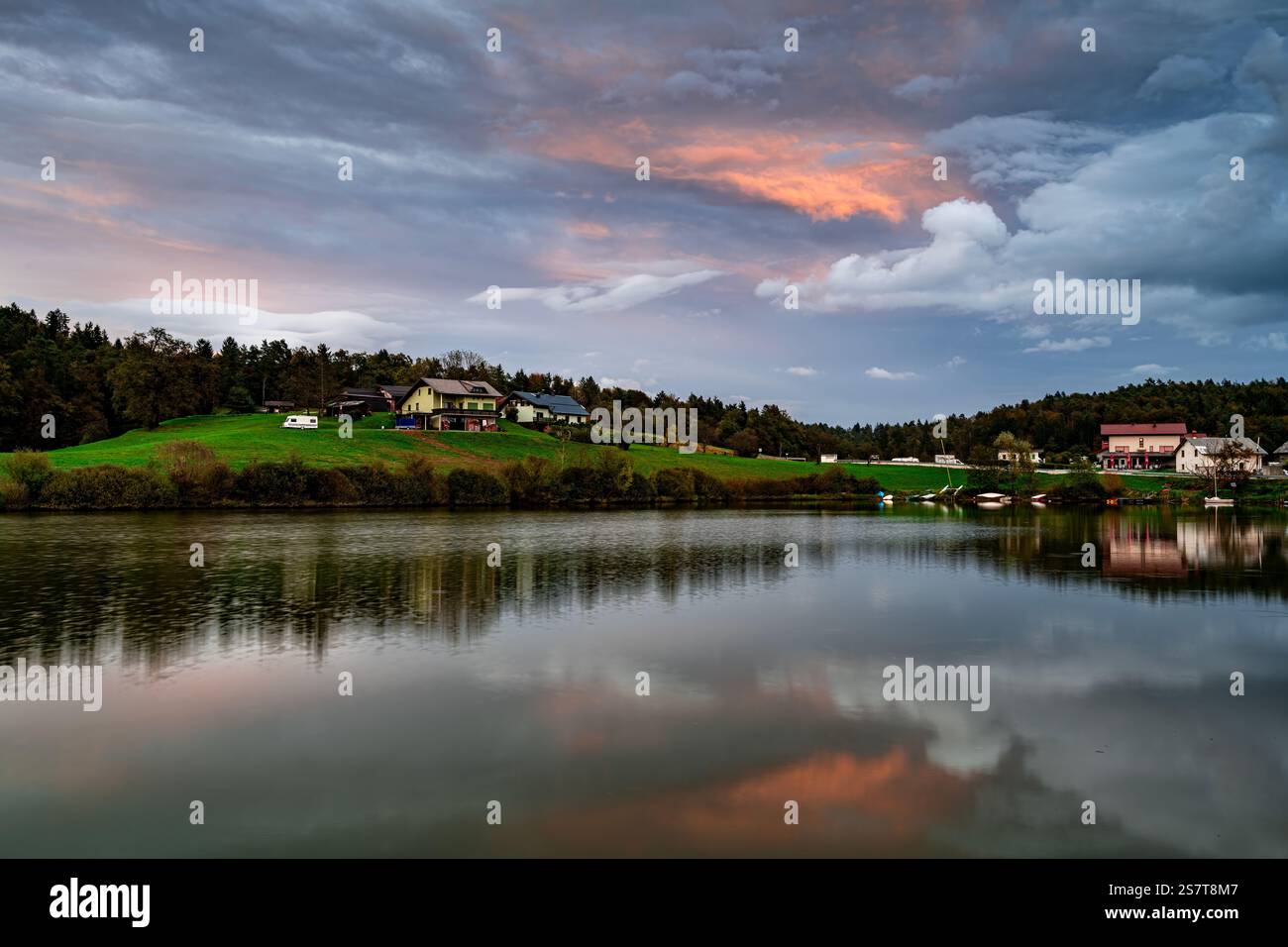 Lake at evening dusk Stock Photo - Alamy