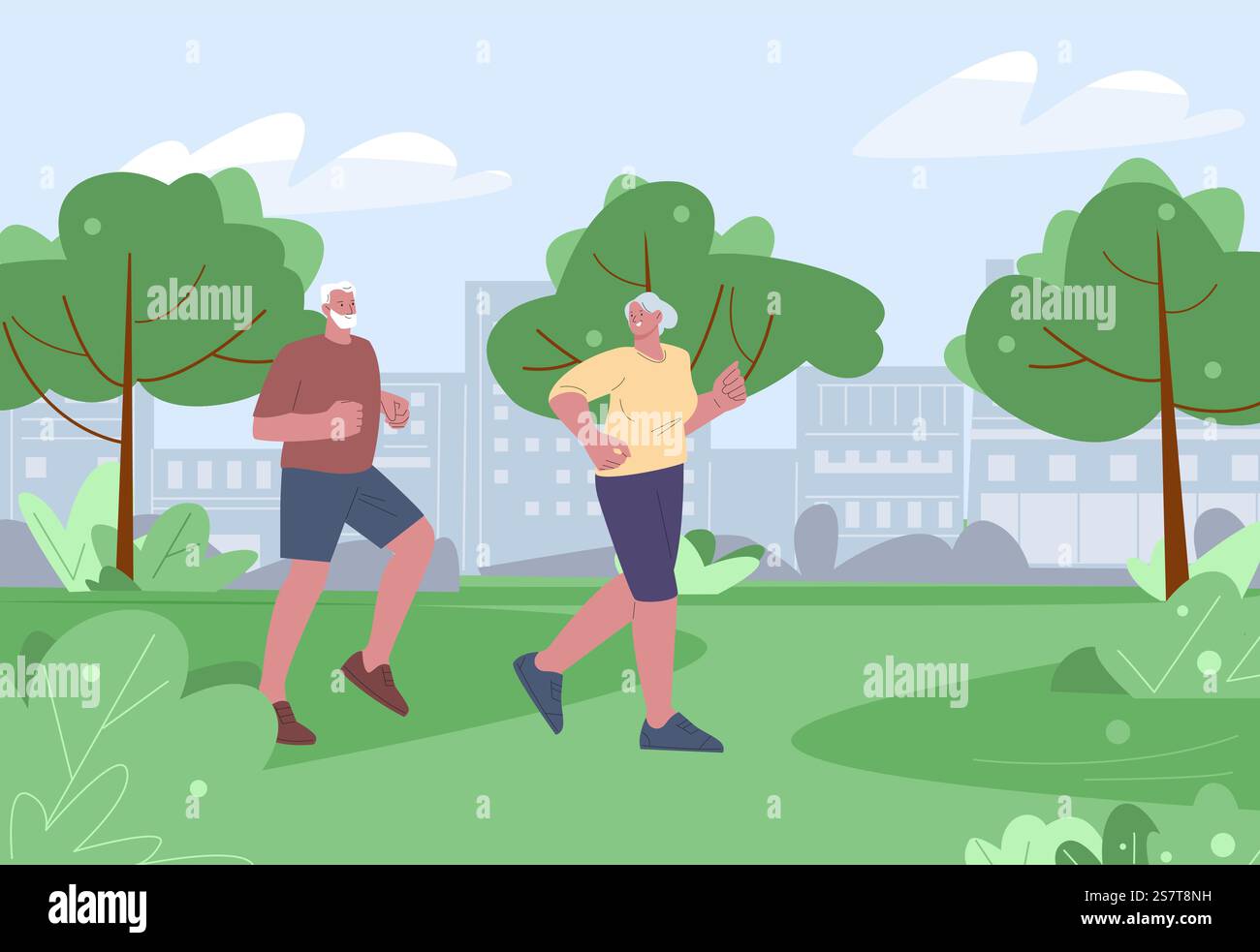 Cartoon old person running in city park. Senior couple jogging, healthy ...