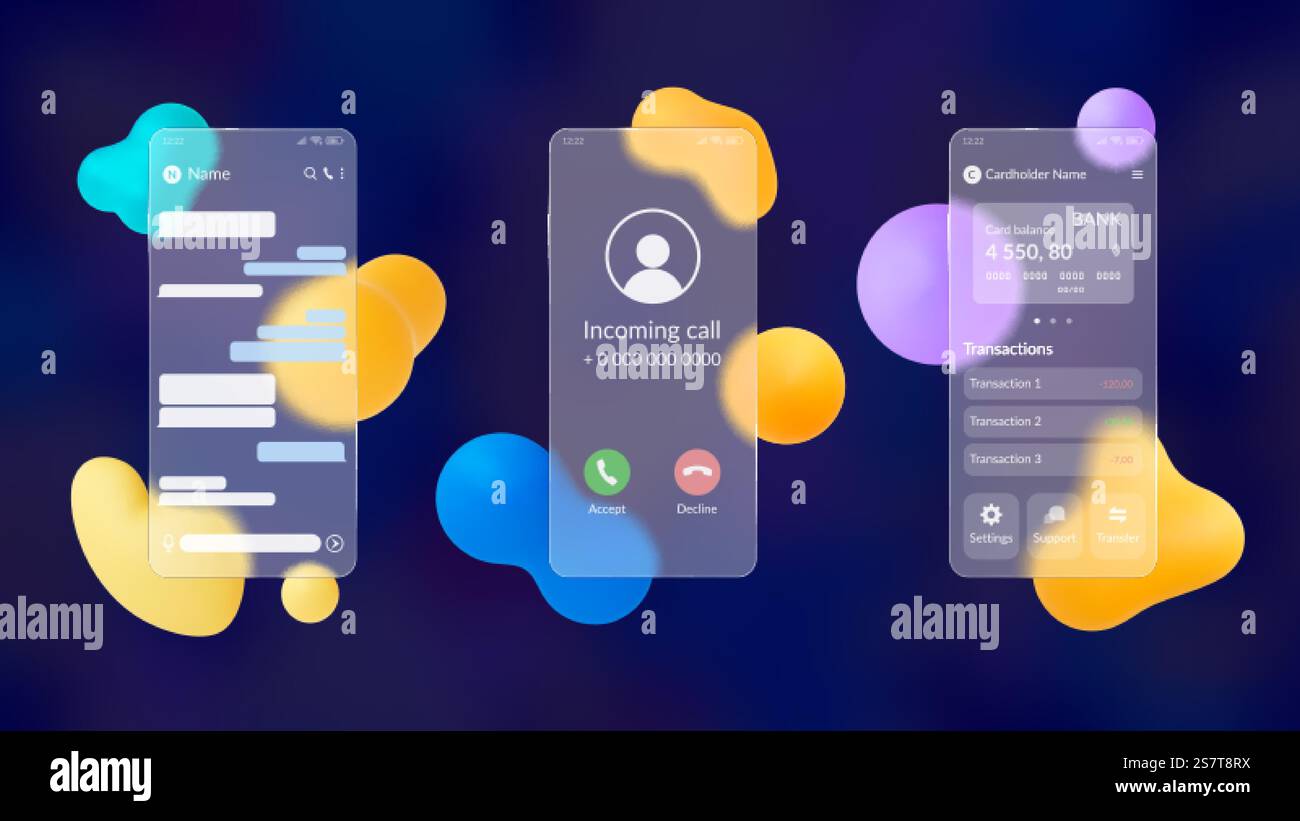 Matt screen phone mockup. Glassmorphism style screens and abstract 3d ...