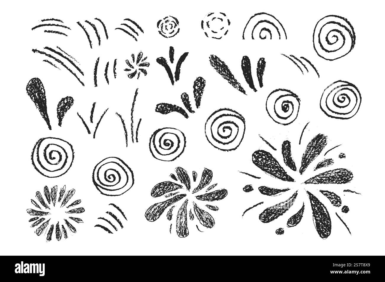 Firework in crayon style set. Vector hand drawn by pencil and chalk ...
