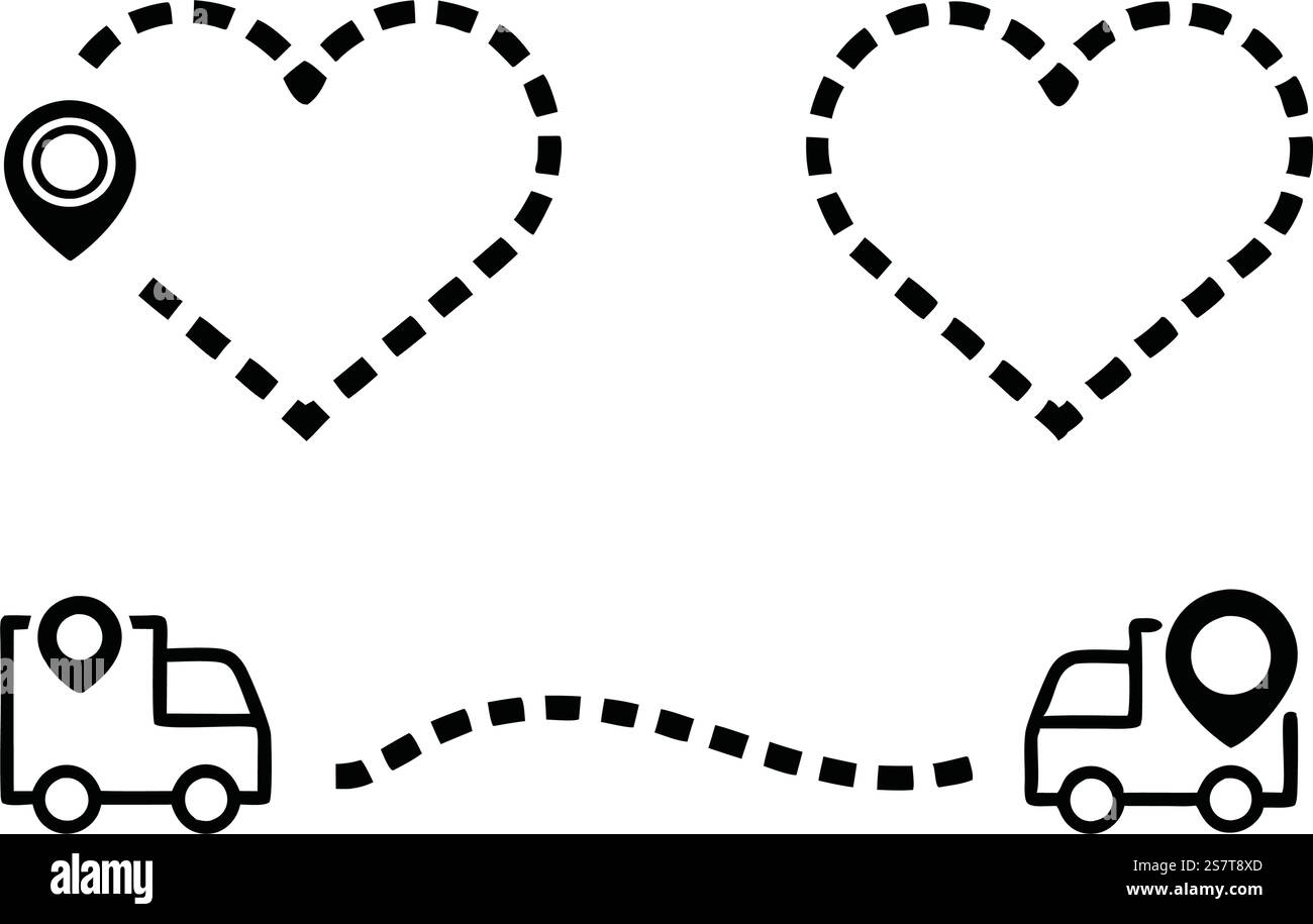 Creative line art icon set showcasing heart shaped dashed paths, map ...