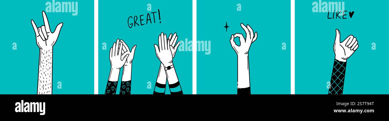 Positive support hands signs. Doodle hand clapping and applause, ok and ...