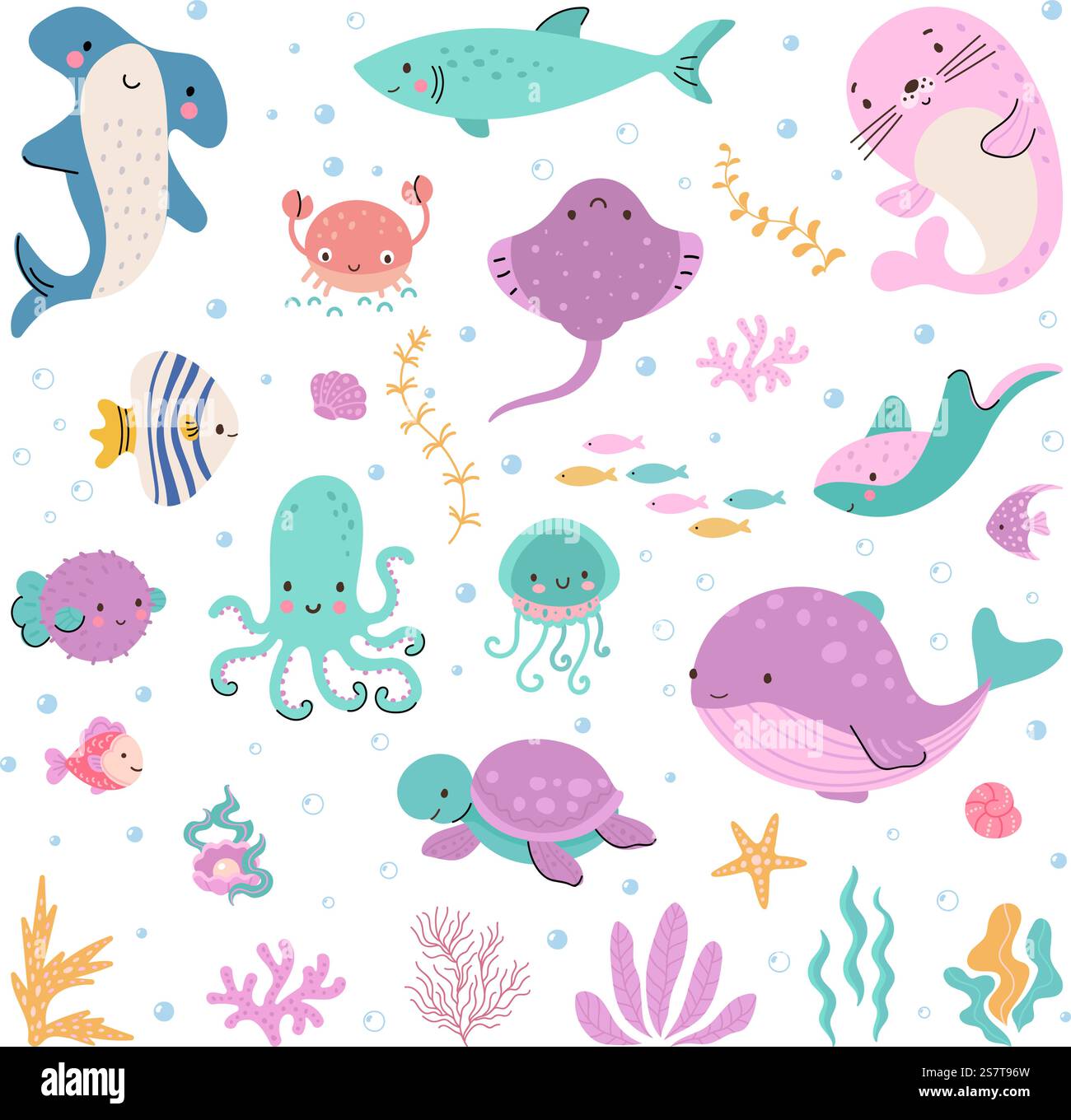 Aquatic sea life characters. Cartoon ocean animals, funny aquarium ...