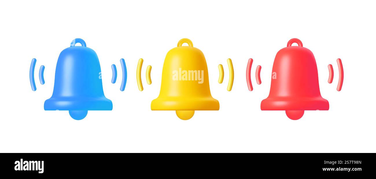 3d render Yellow Bell notifications. Set of Bells Icon. Ringing handbell icons for social media ...