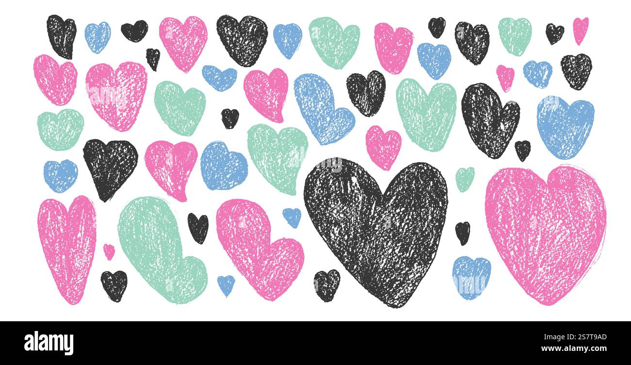 Hearts set. Crayon romantic elements. Love signs grunge preppy pastel ...