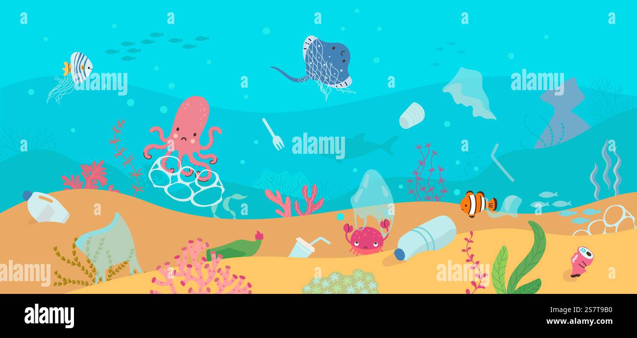 Garbage in ocean. Dirty sea, plastic trash and underwater animals ...