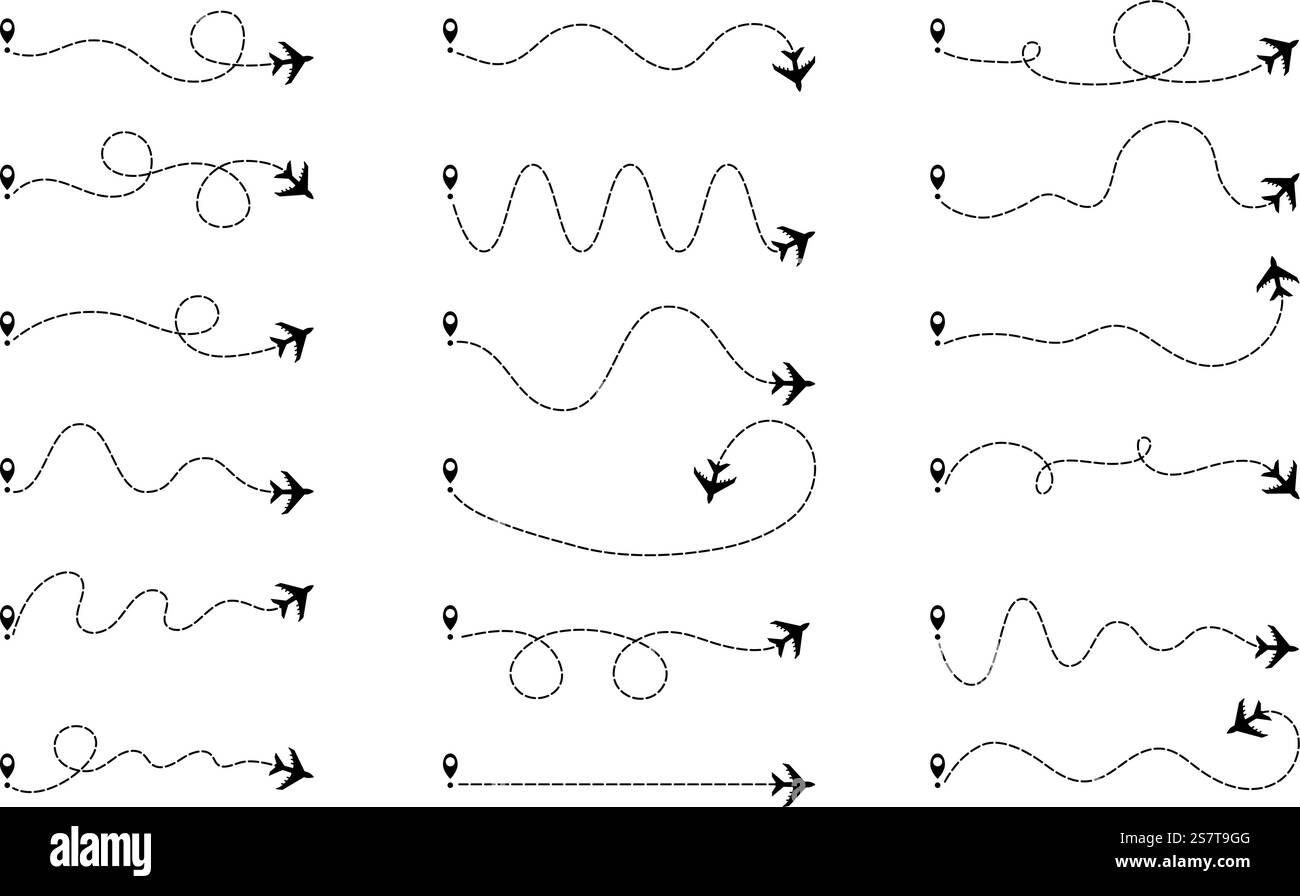 Plane routes and dotted paths. Aircraft travel route, start point and ...