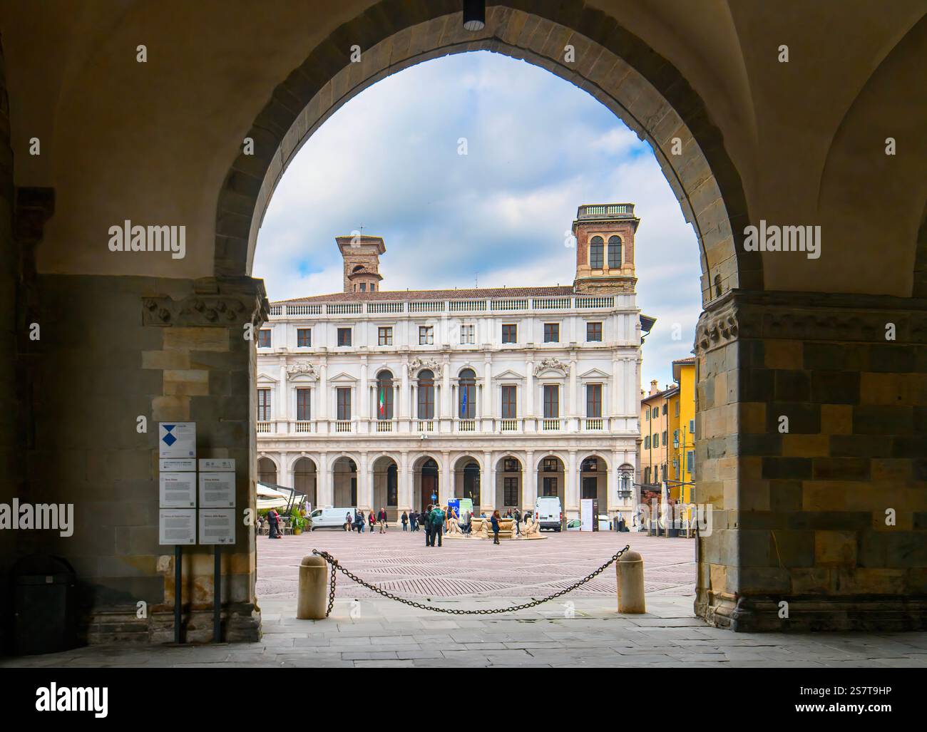 Bergamo, Italy. The old main square Piazza Vecchia and the public ...