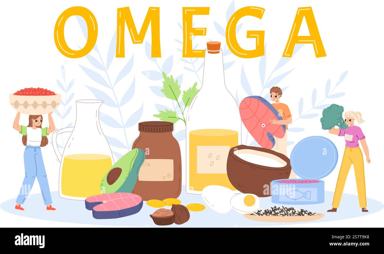 Omega food ingredients, salmon steak and oil. People and vitamin raw ...