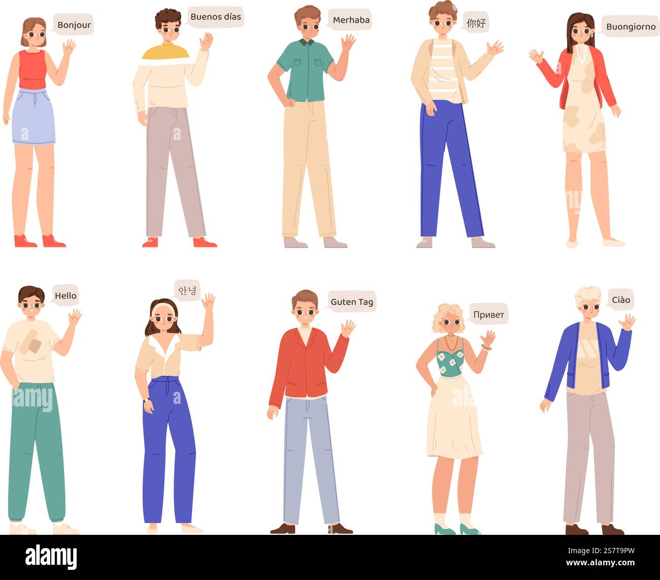 Worldwide greetings people, hello on foreign language. Young adults ...