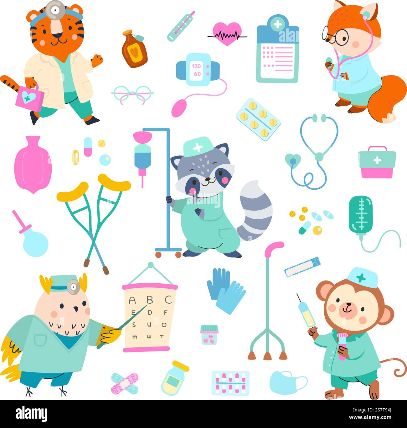 Animals doctors and pills, stethoscope and medical tools. Funny ...