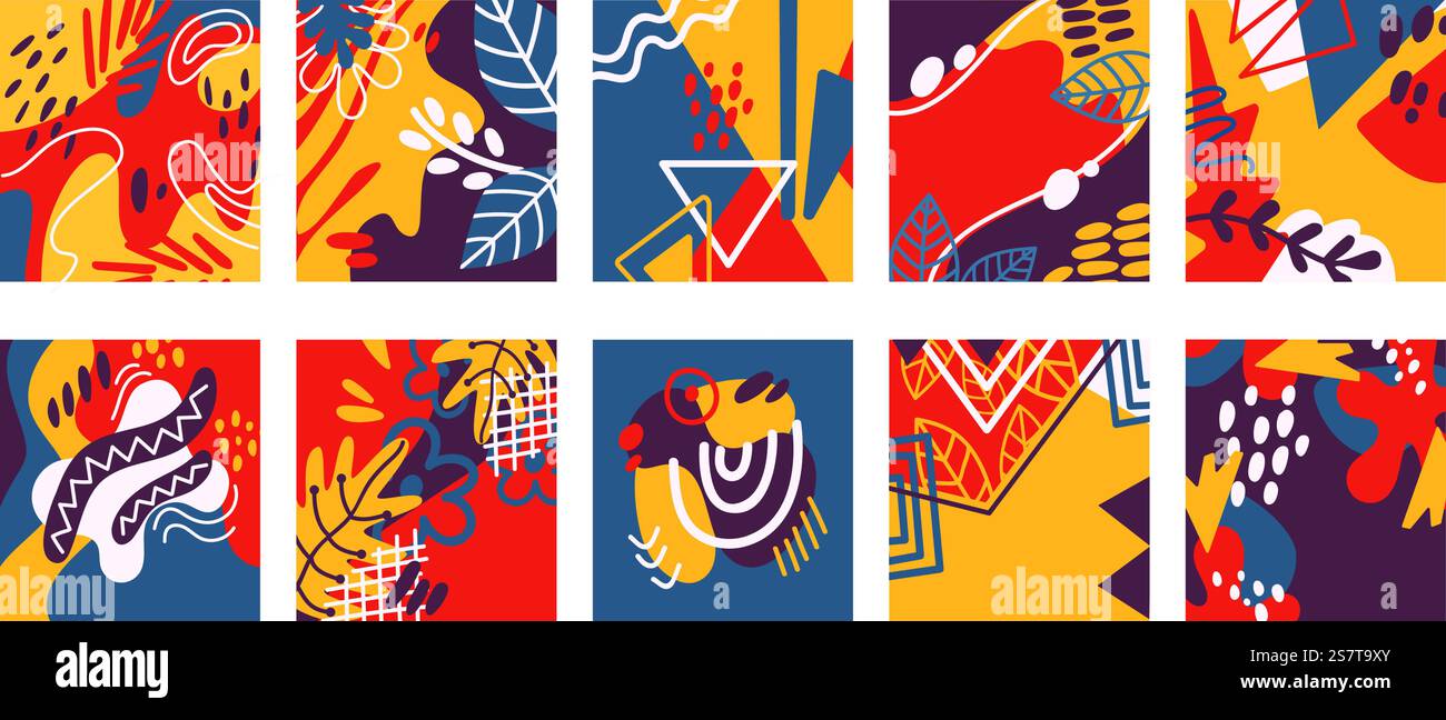 Abstract bright trendy posters, drawing scribble fun backgrounds ...