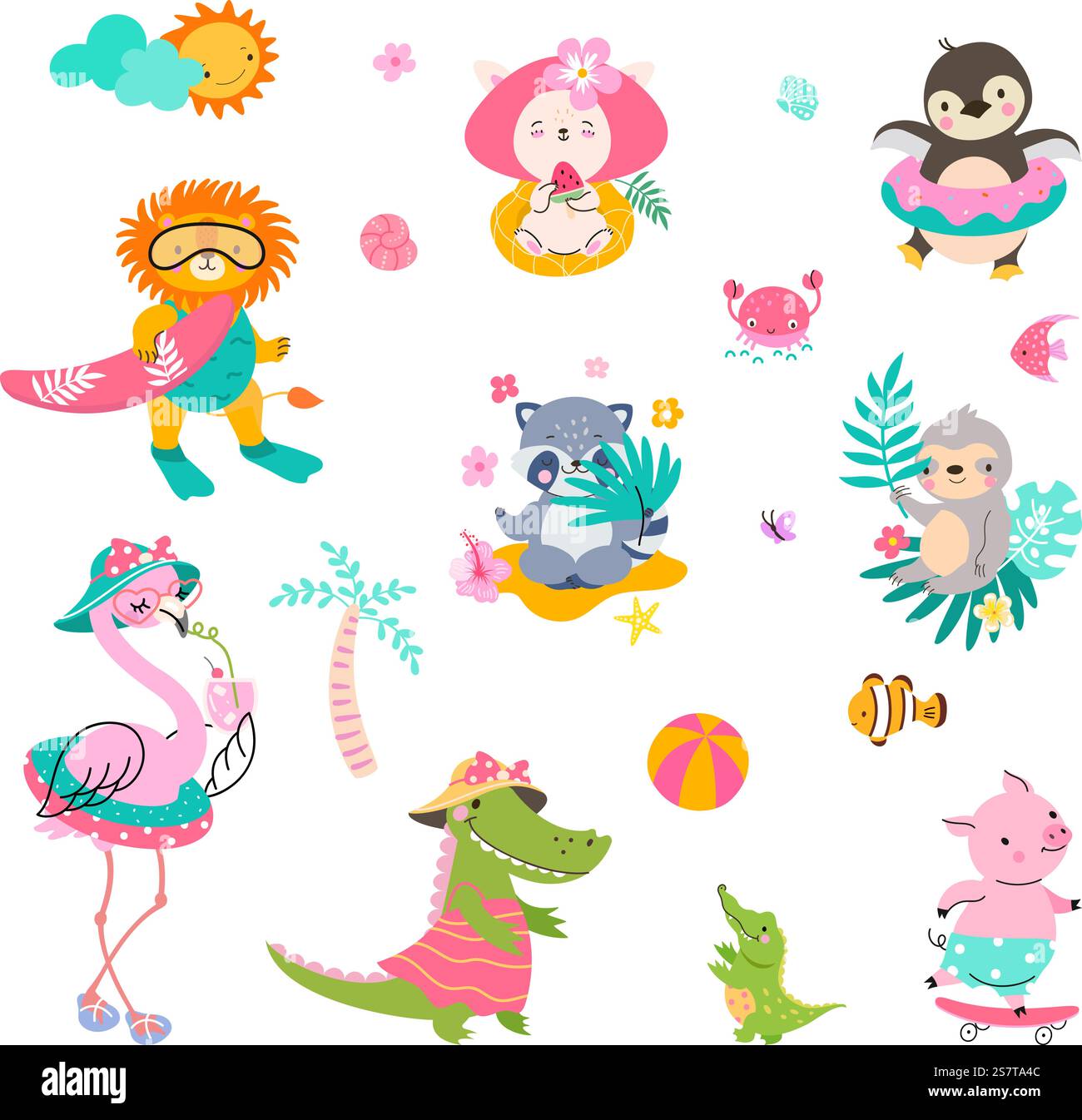 Animals summer activities, animal surfer and vacation on beach. Cute ...