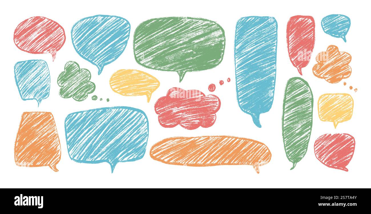 Speech bubbles set. Crayon doodle text frames. Chat dialog boxes. Comic ...
