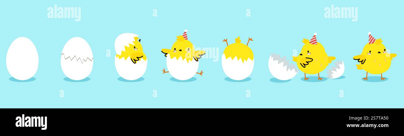 Chick hatching process, yellow chicken in eggs. Cute cartoon bird hatch ...