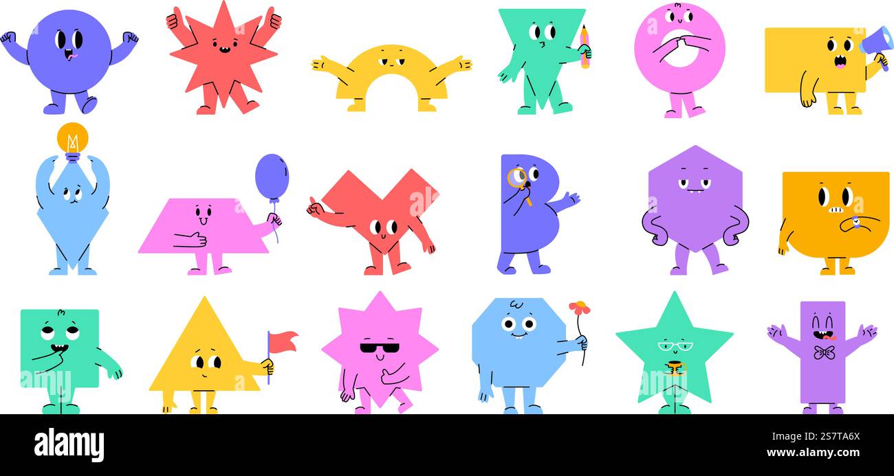 Kids geometric characters with eyes. Basic figure, square triangle ...
