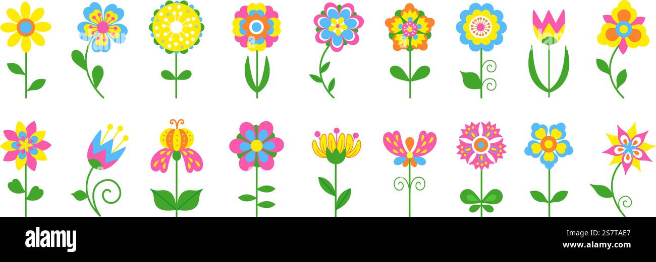 Floral flat icons. Simple springtime flowers, isolated abstract color ...