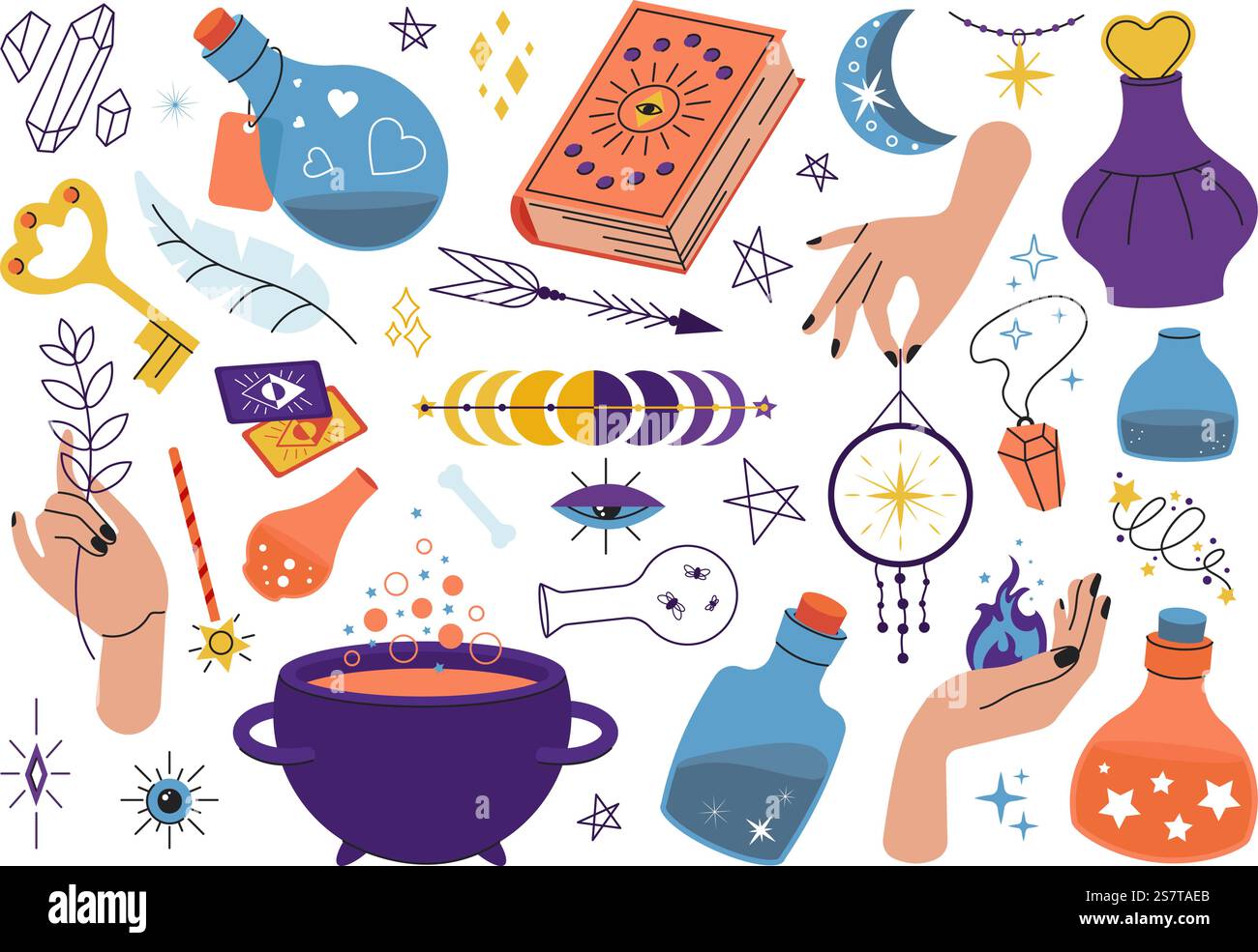 Magical doodle elements, magic poison bottles and crystal ball. Amulets ...