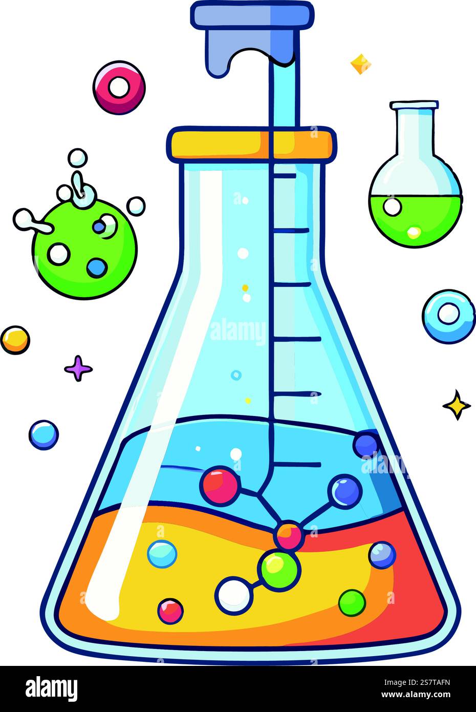 Illustration of a scientific beaker with colorful liquids, molecules ...