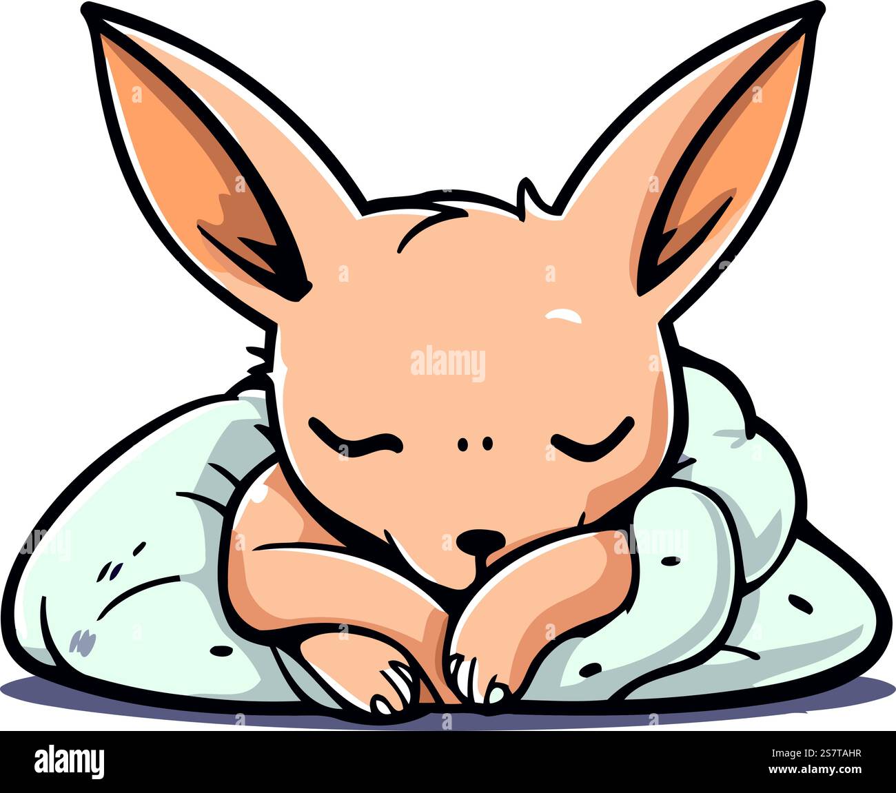 Cute little rabbit sleeping on a pillow. Vector cartoon illustration ...