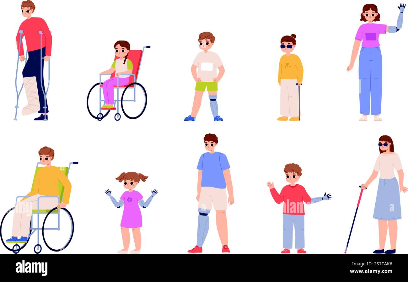 Disability, person with special needs. Diverse disabled young adults ...