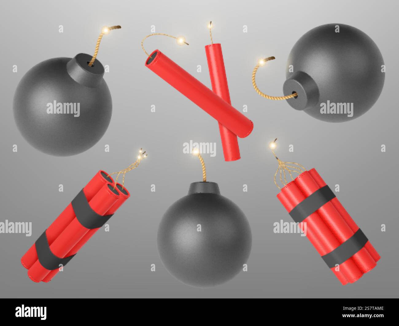 Realistic 3d dynamite and bomb. Dangerous explode elements, burning bombs wicks. Symbol ...