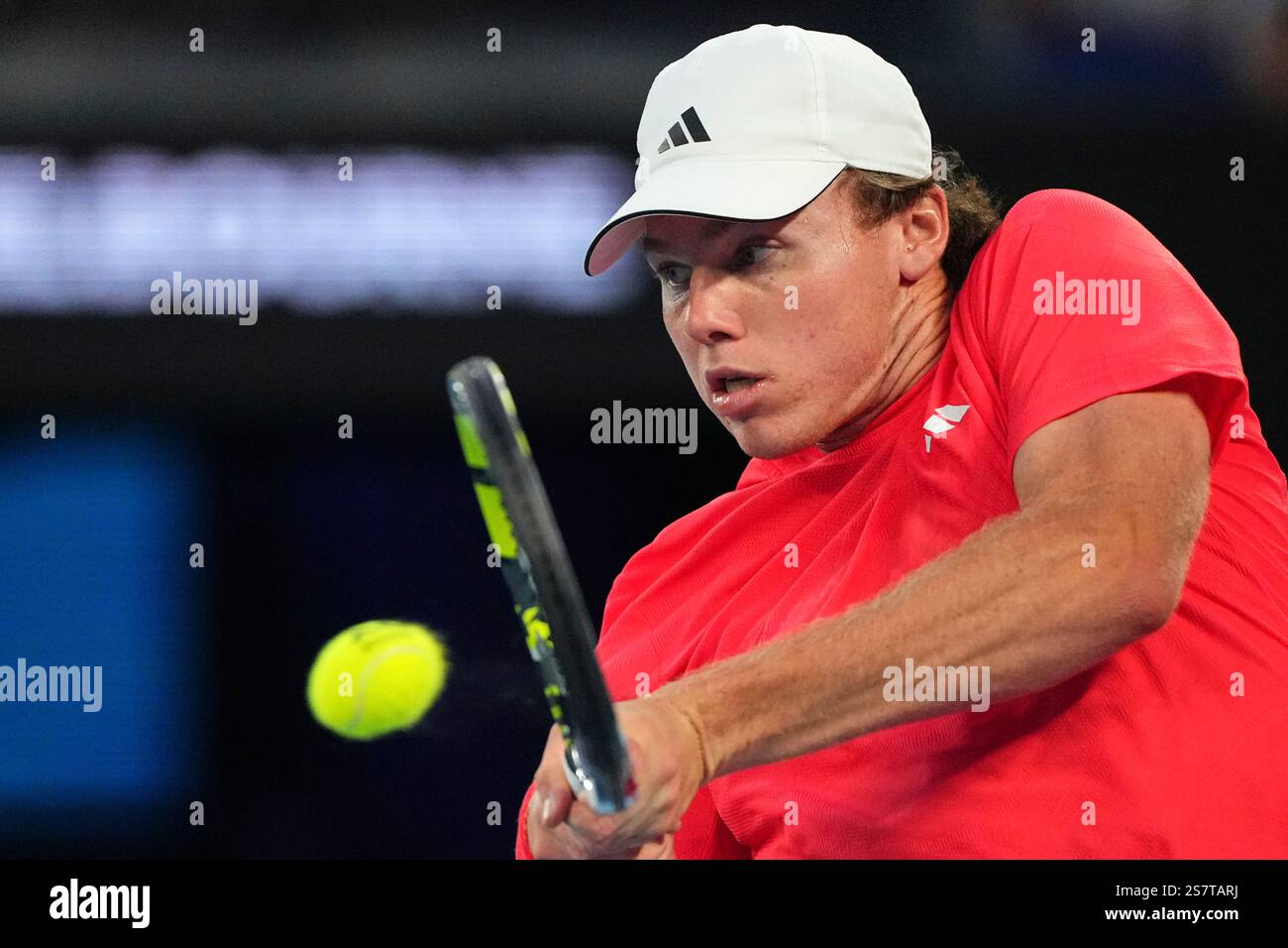 Alex Michelsen of the U.S. plays a backhand return to Alex de Minaur of ...