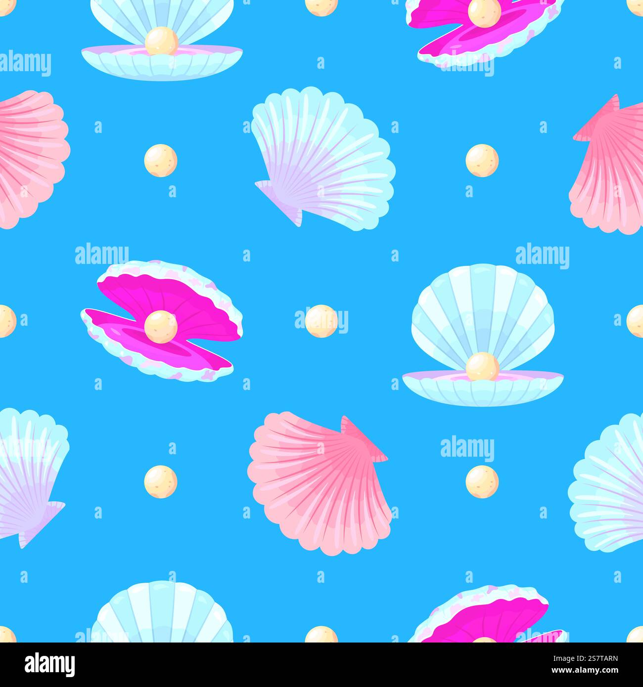 Pearl shell seamless pattern. Cartoon shells and pearls fabric print ...