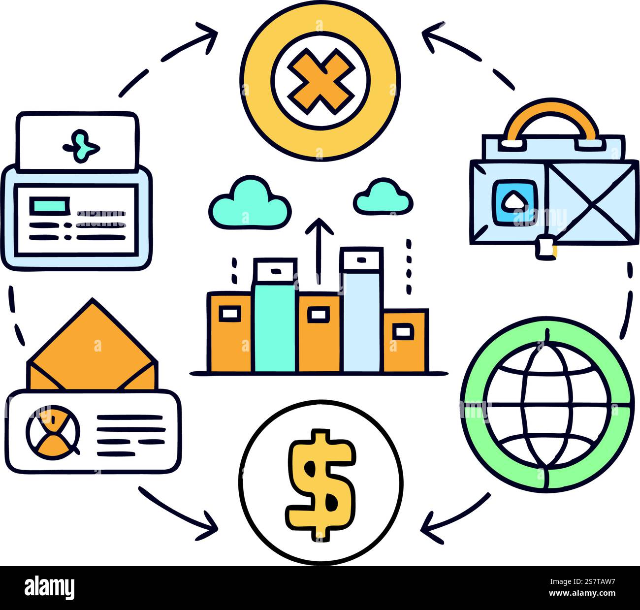 Stylized graphic of interconnected financial and business icons ...