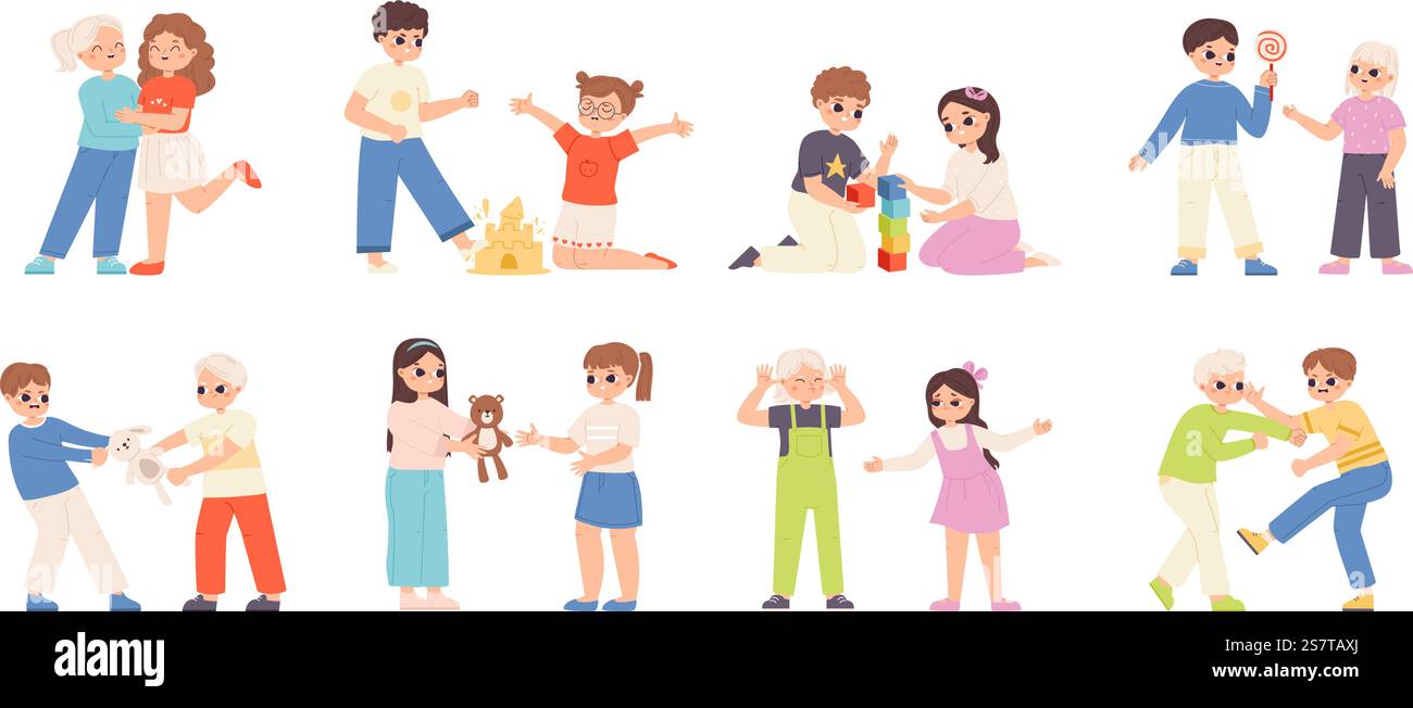 Bad and good behavior children. Cute toddlers fight and mischief ...
