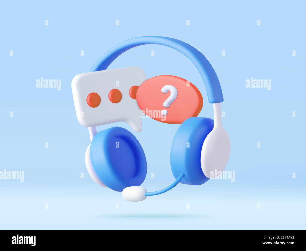 3D Call center. Headphones with speech bubble message with question mark. Online customer ...