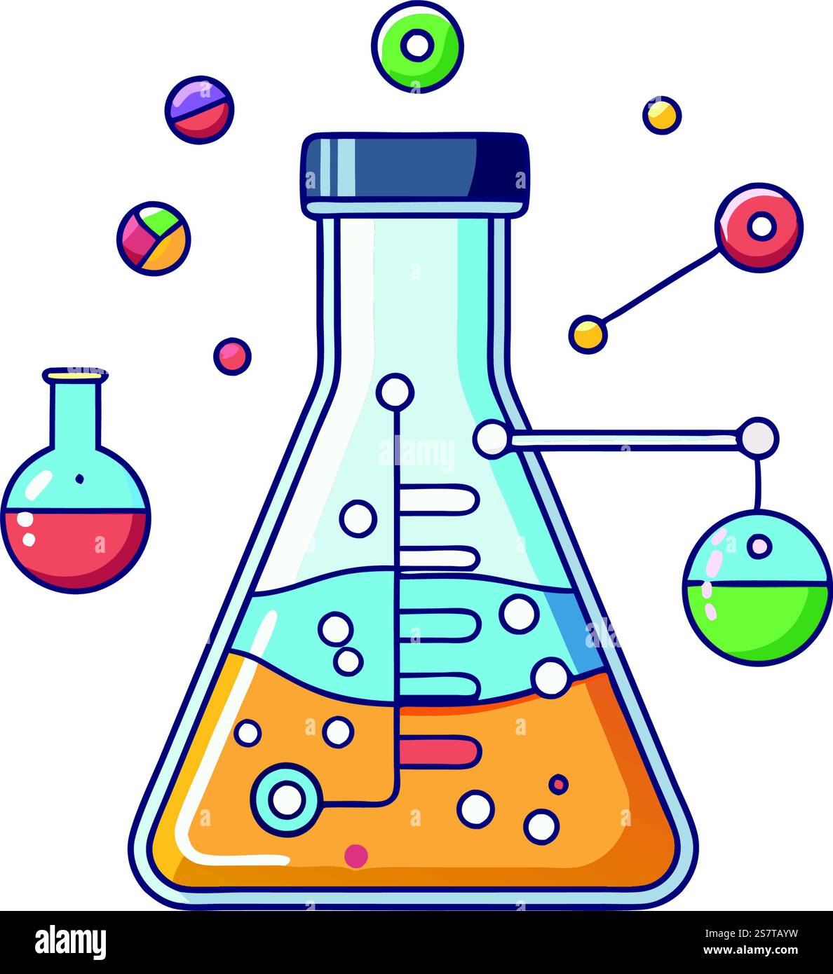 Colorful beaker with chemical reactions and molecular connections ...