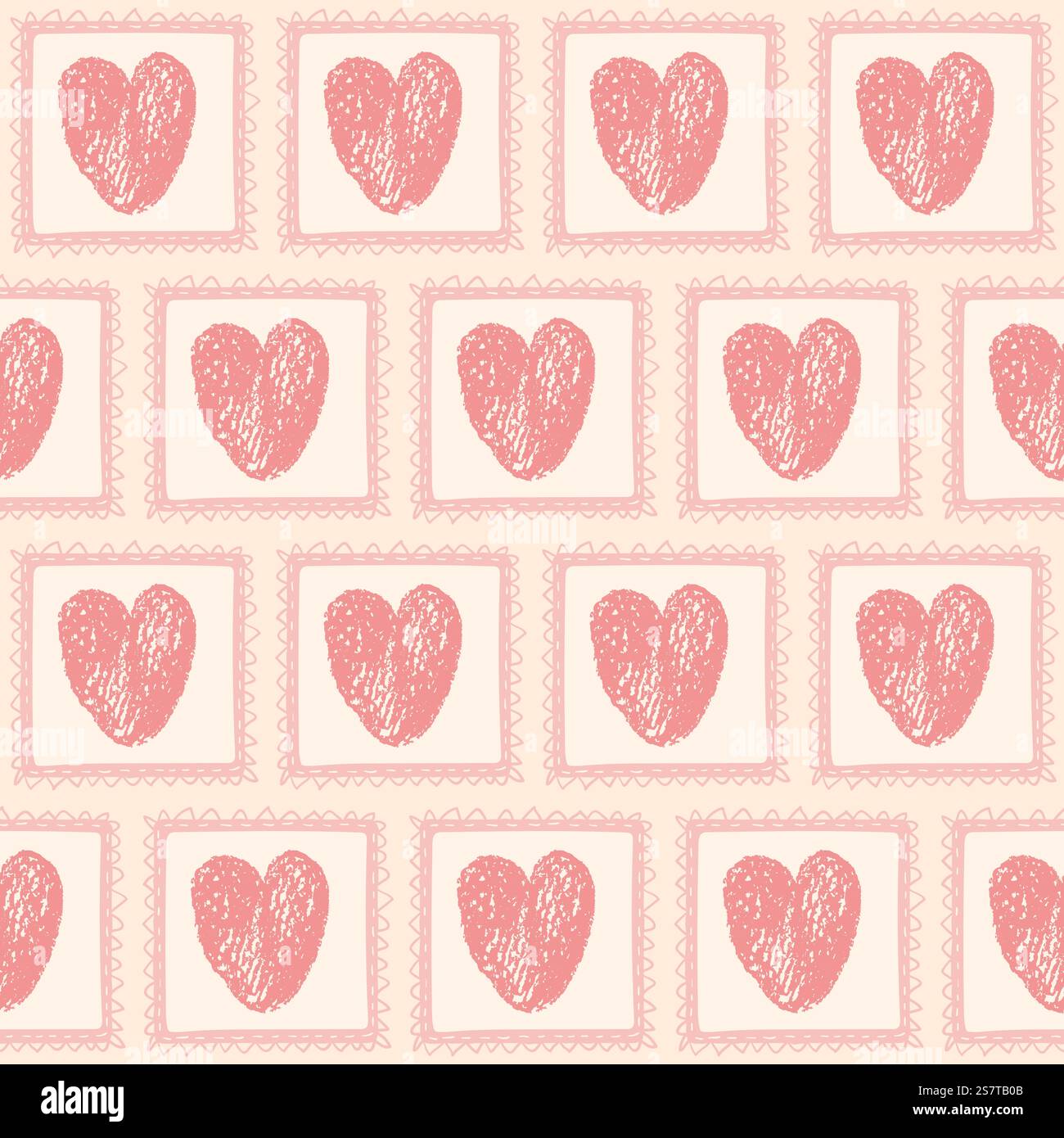 Hearts crayon drawn on square frame seamless pattern. Valentines day ...