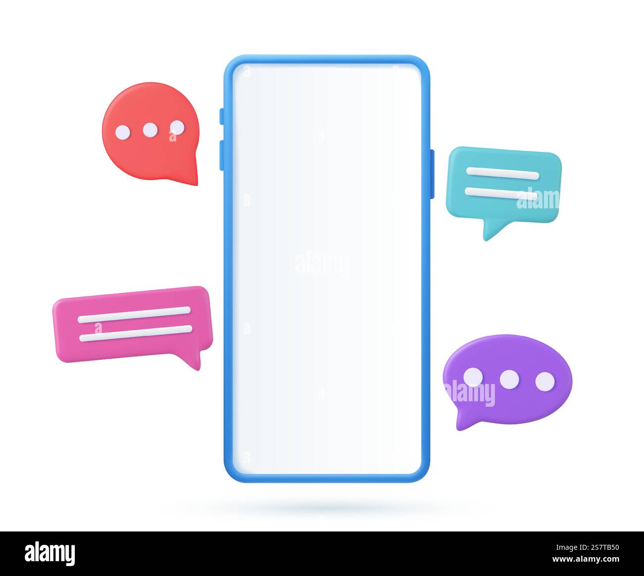 3D render smartphone with floating chat bubbles, social media chat app ...