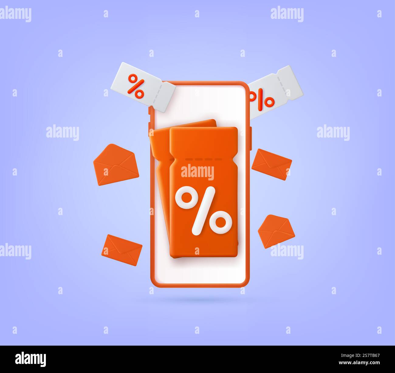 3D render smartphone with floating envelopes and coupon. Phone with ...