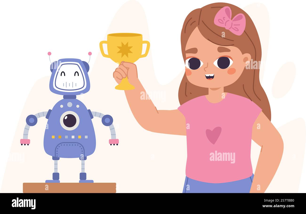 Kid programming robot on robotics competition. Talent science girl with ...