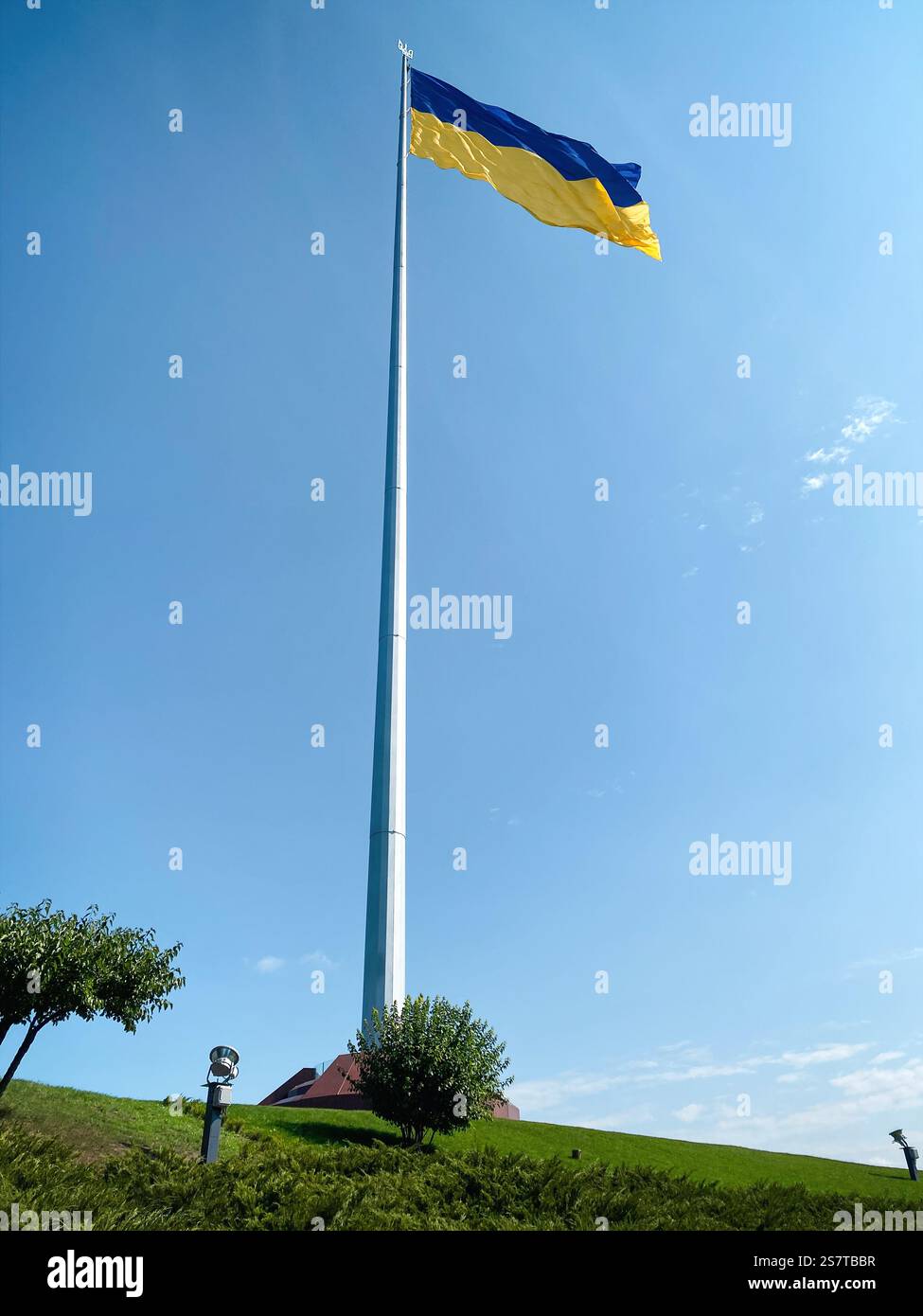 Huge flagpole with Ukrainian flag. The biggest, main flag of Ukraine ...