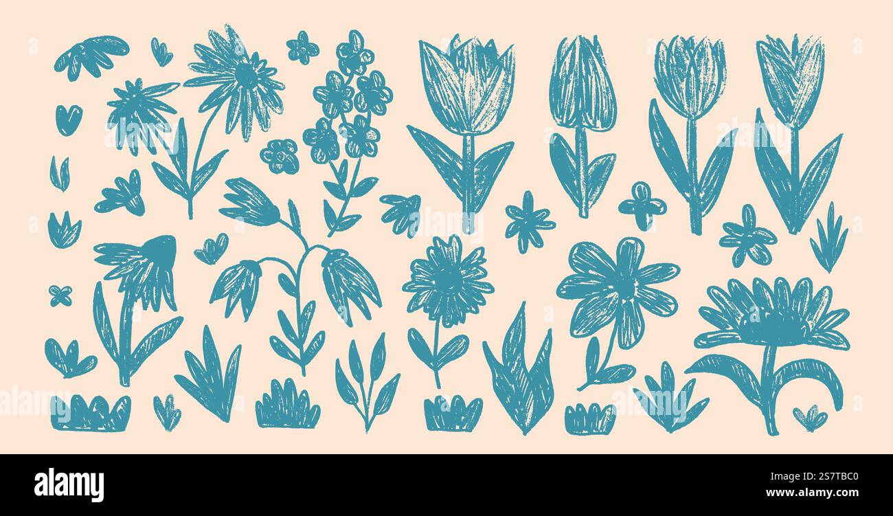 Hand drawn marker flowers and leaves set. Charcoal tulip, daisy doodle ...