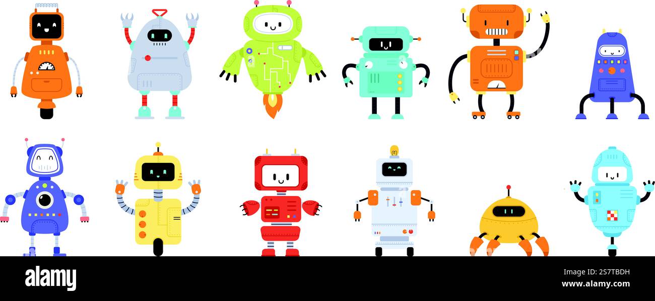 Cartoon robots, cute technology robot. Futuristic toys game, cyber ...