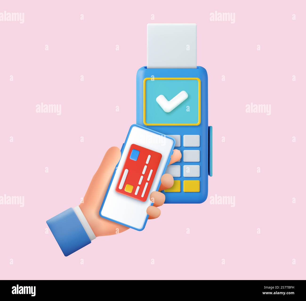 3d Mobil payment concept. Human hand holds mobile phone, New POS ...