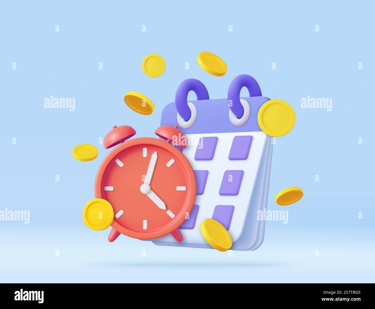 3D Clock, Calendar and Golden Coins. Time is Money Concept. Annual ...