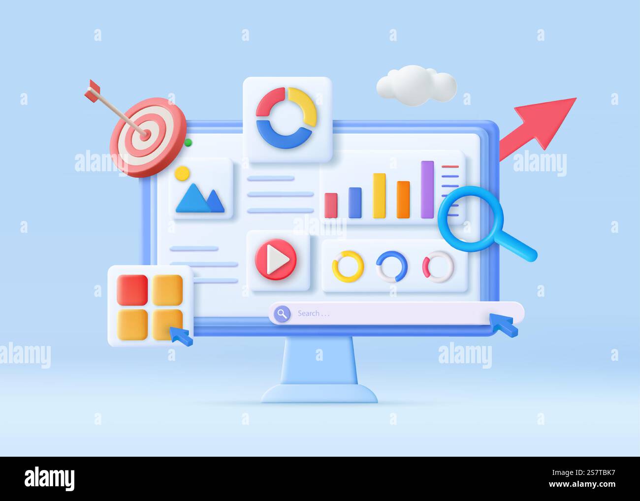 3D Financial report chart, SEO Optimization, web analytics and seo marketing concept. Business ...