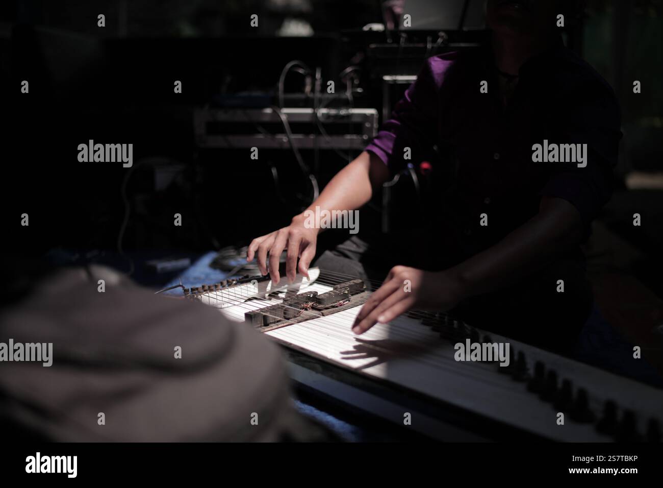 detail of the hand playing a musical instrument typical of Indonesia ...
